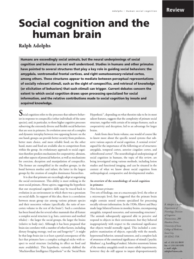 Social Cognition and The Human Brain: Ralph Adolphs | PDF | Theory Of ...
