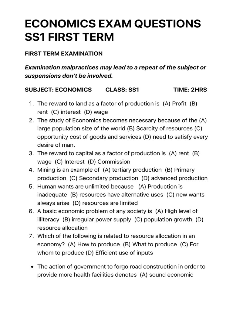 Economics Exam Questions Ss1 First Term | PDF | Economics | Labour ...