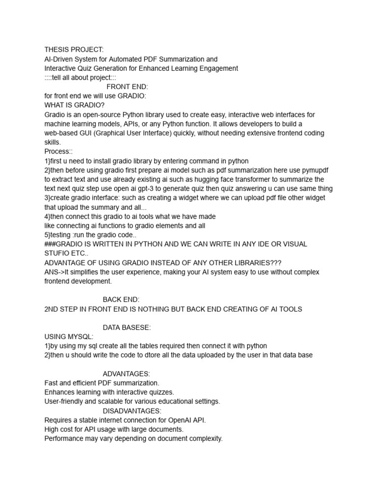 THESIS PROJECT (PDF Summarization and Quiz Generator) | PDF | Computers | Technology & Engineering