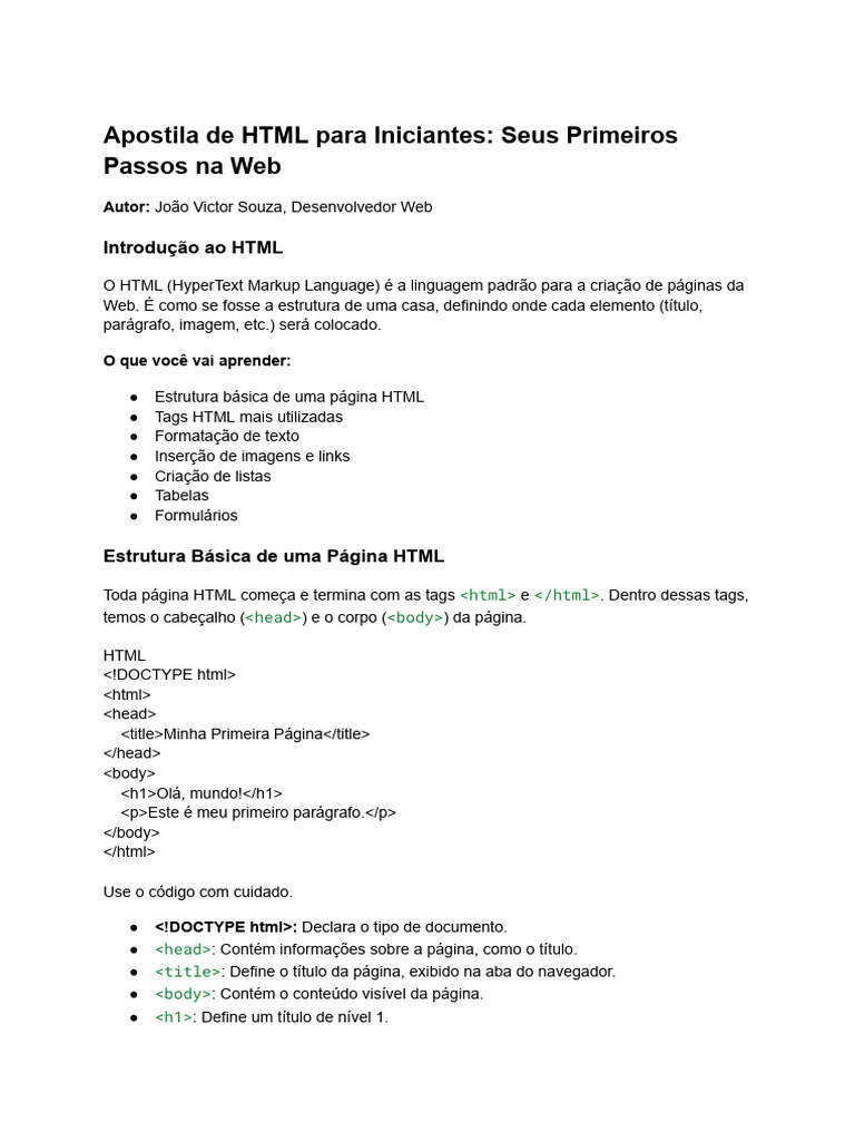 Apostila de HTML para Iniciantes - Seus Primeiros Passos Na Web | PDF ...