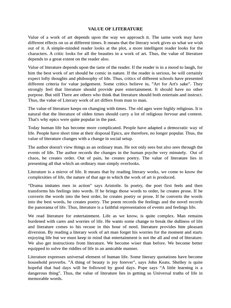 Value of Literature | PDF | Poetry