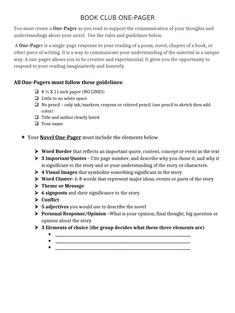 Book Club One-Pager: All One-Pagers Must Follow These Guidelines | PDF