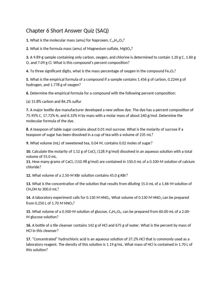 CHM1045 - Chapter 6 Short Answer Quiz | PDF | Mole (Unit) | Chemistry