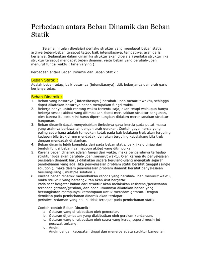 Perbedaan Antara Beban Dinamik Dan Beban Statik | PDF