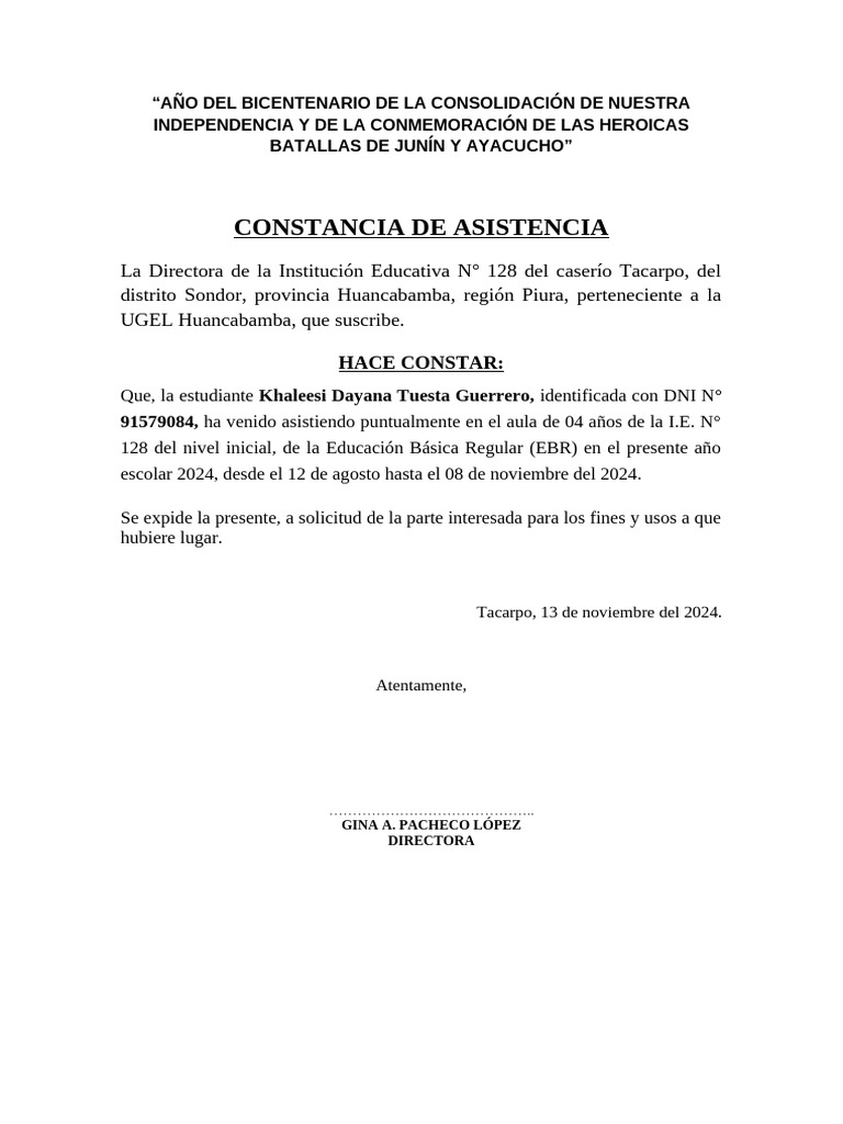 Constancia de Asistencia Escolar 2024 | PDF