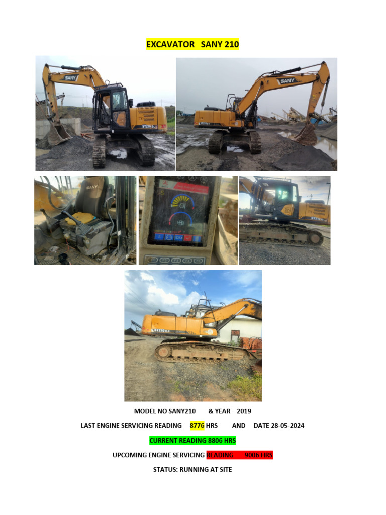 2019 SANY 210 Excavator Status Report | PDF