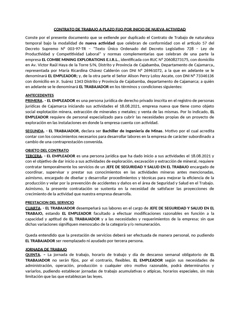 Contrato de Trabajo Por Inicio de Nueva Actividad - Ingeniero - El Combe | PDF | Derecho laboral ...