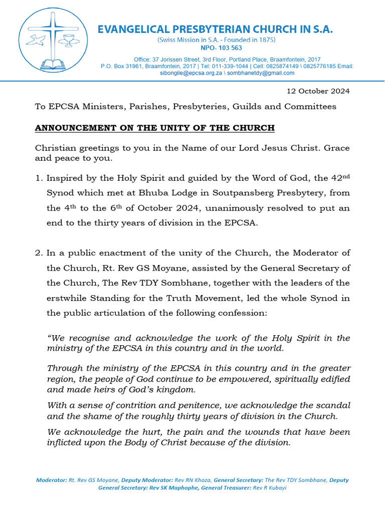 EPCSA Church Unity Announcement | PDF | Penance | Religious Belief And ...