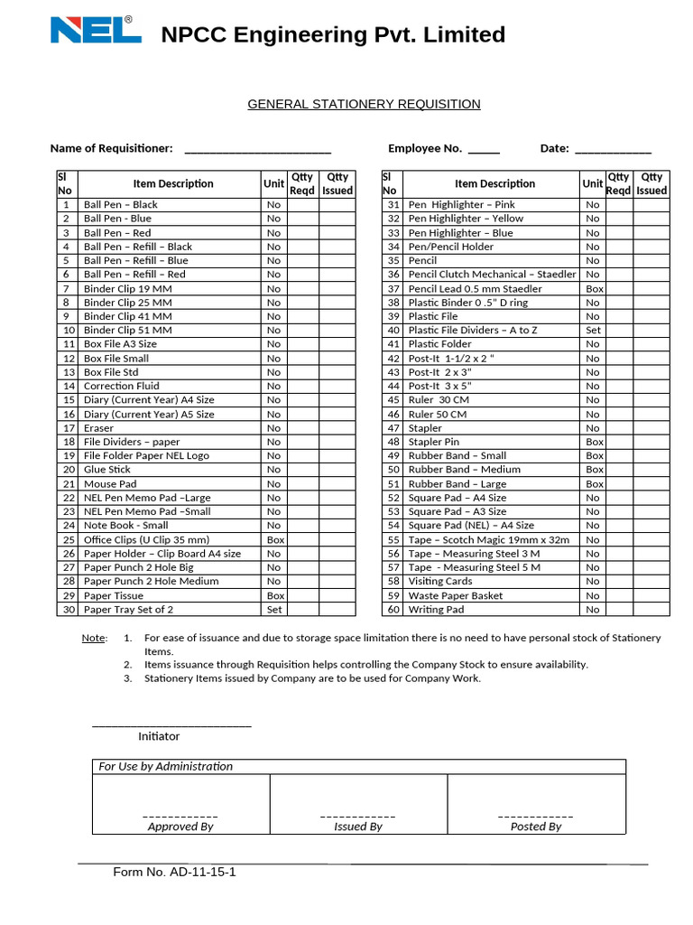 General Stationery Requisition | PDF | Pencil | Pen