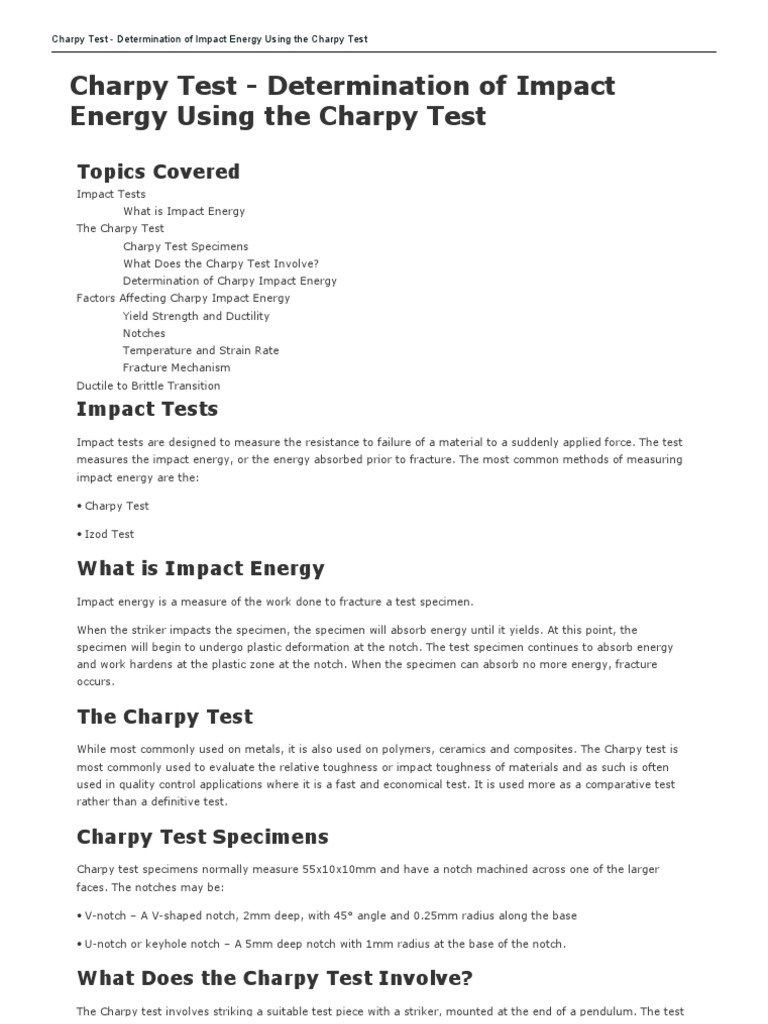 Charpy Test Determination of Impact Energy Using The Charpy Test | PDF ...