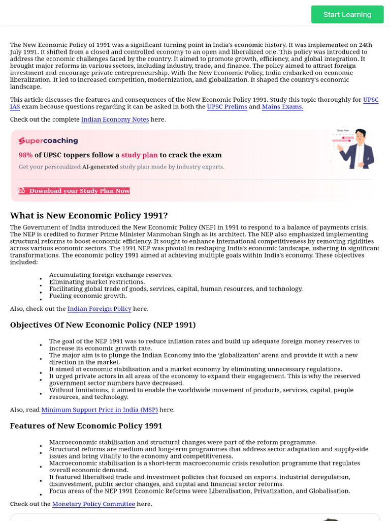 New Economic Policy, 1991 - Features, Objectives & Its Branches | PDF
