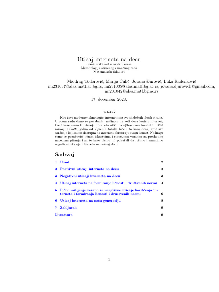 Uticaj Interneta Na Decu: Sadr Zaj | PDF