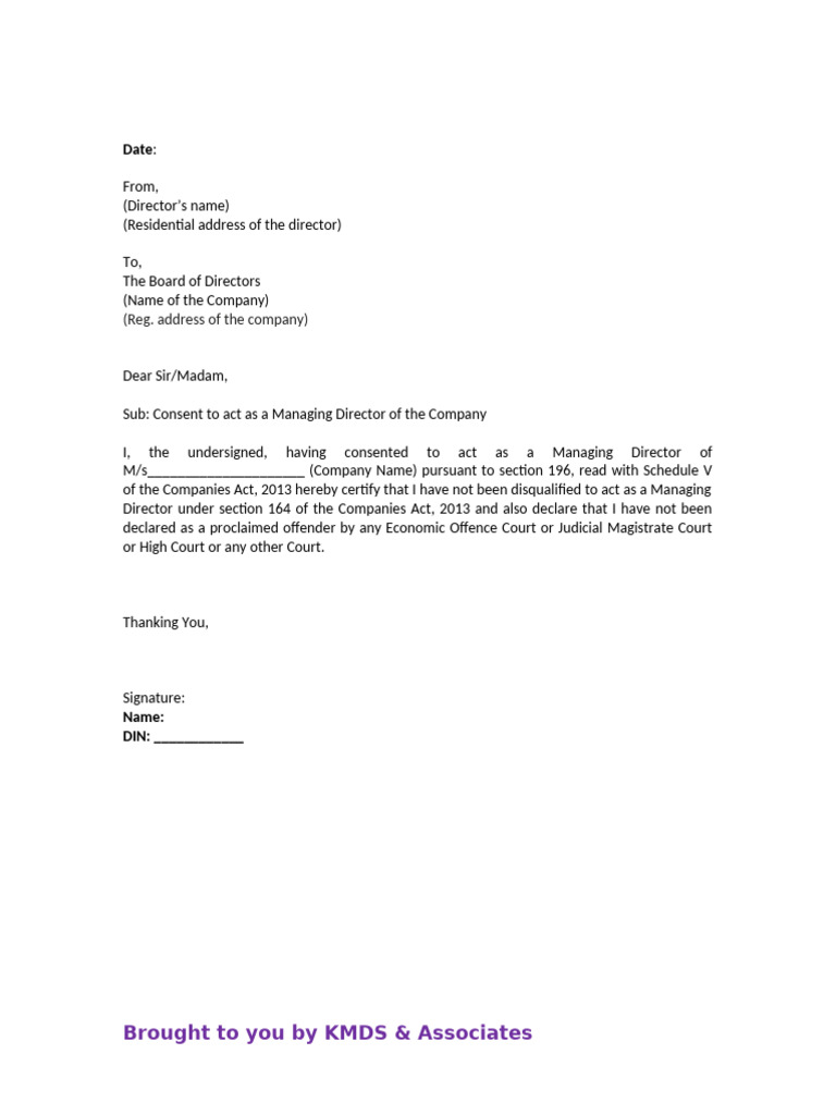 Consent to Act as Managing Director | PDF | Business | Finance & Money ...