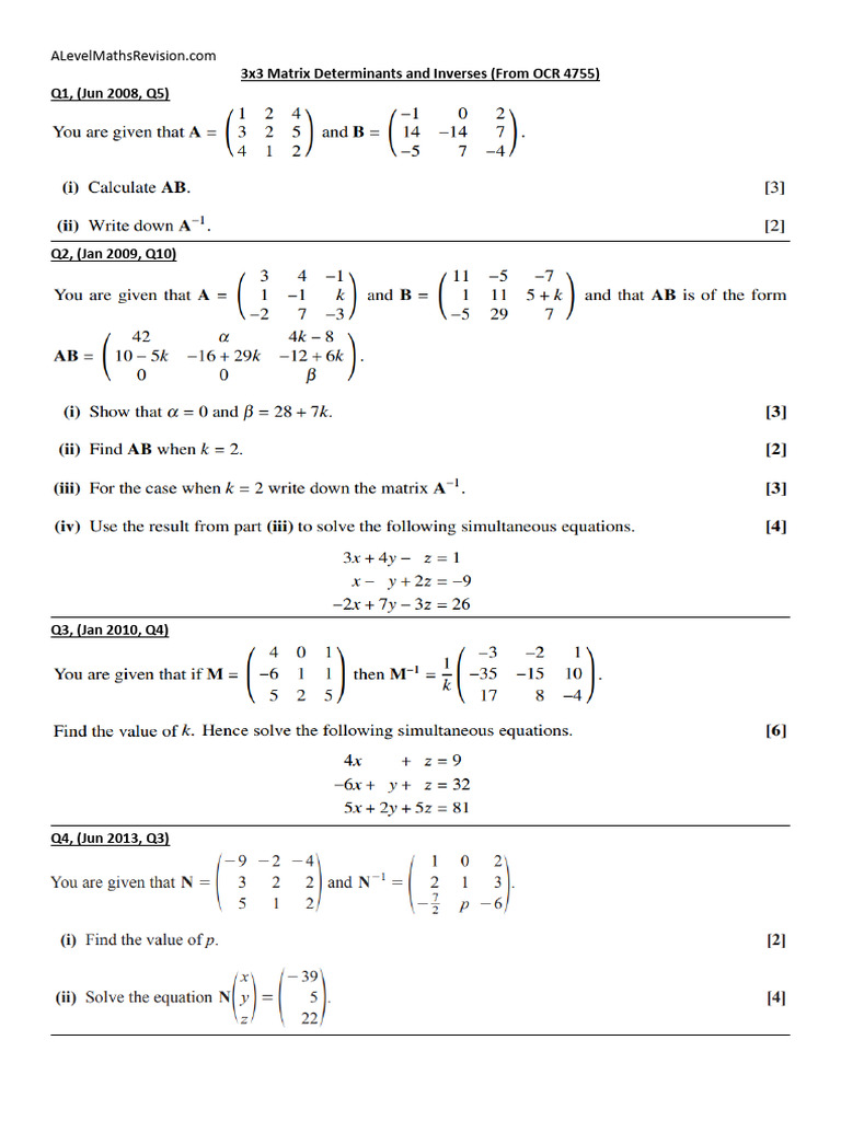 Y1 Pure Matrices 3x3 Determinants and Inverses Exam Questions | PDF
