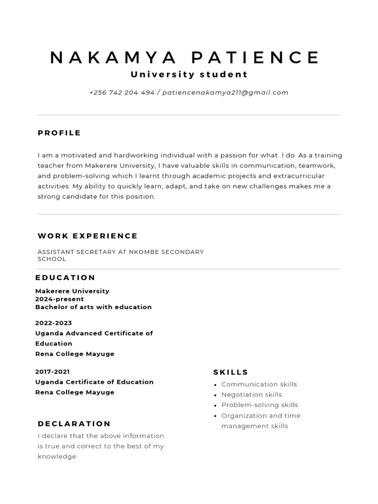 University Student Profile: Patience Nakamya | PDF | Self-Improvement