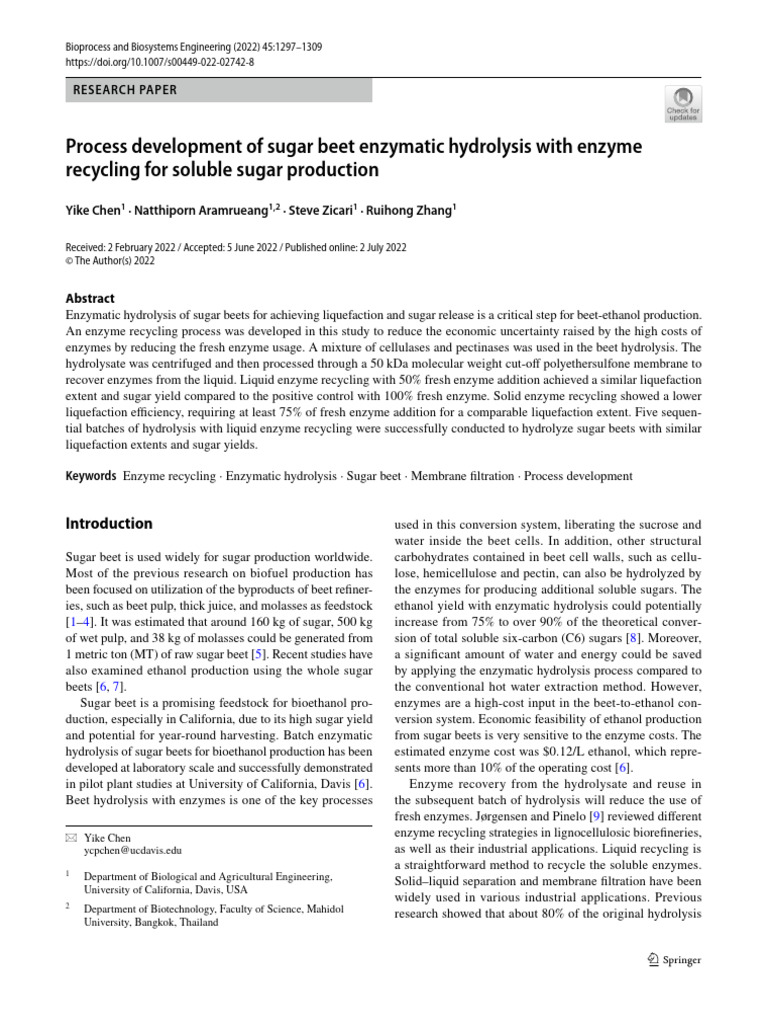 Process Development of Sugar Beet Enzymatic Hydrolysis With Enzyme Recycling For Soluble Sugar ...