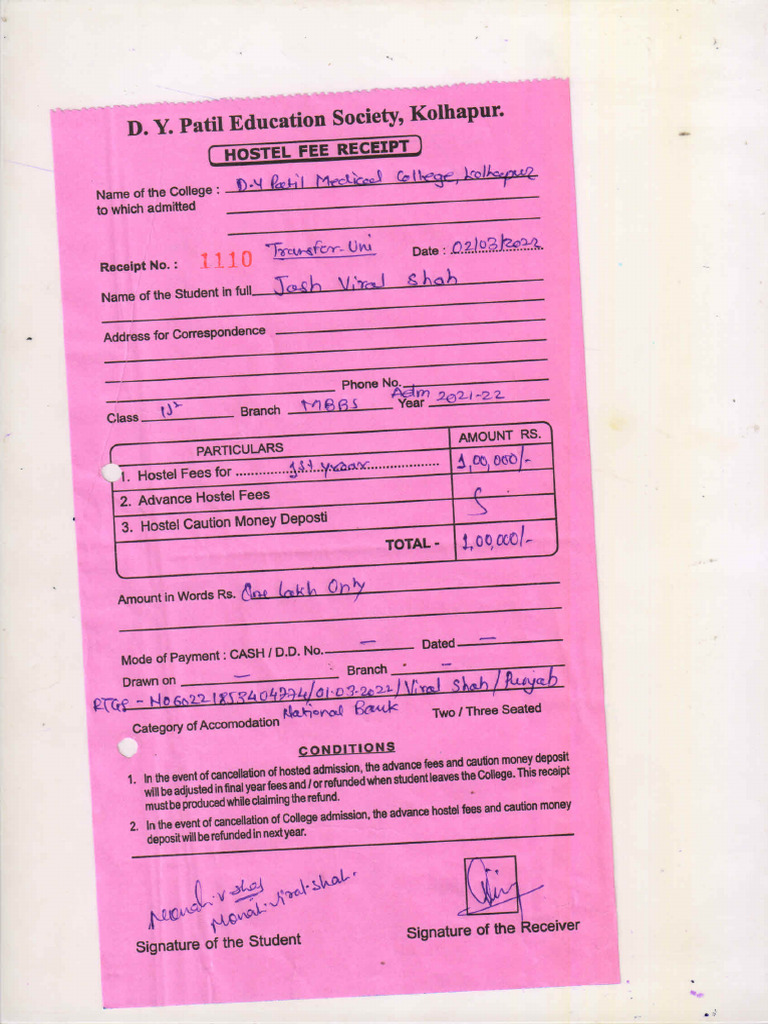 Hostel Fees Receipt | PDF