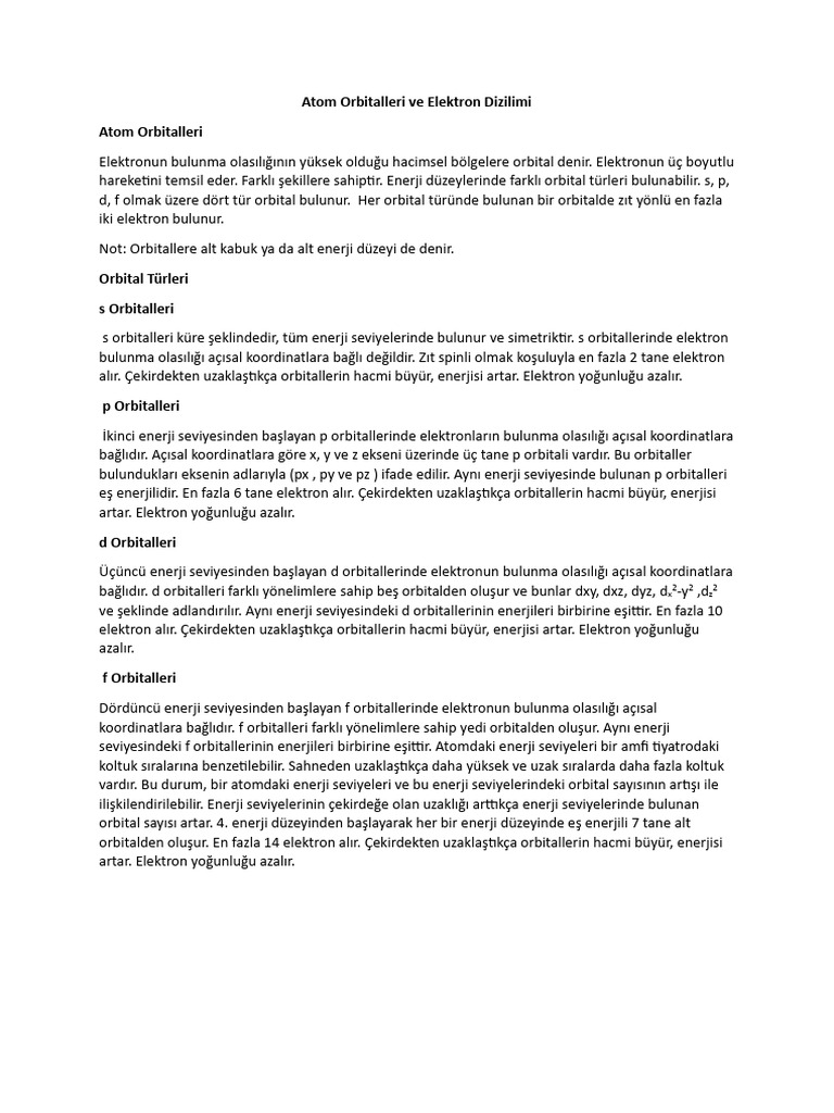 9.sınıf 2024 Atom Orbitalleri Ve Elektron Dizilimi | PDF