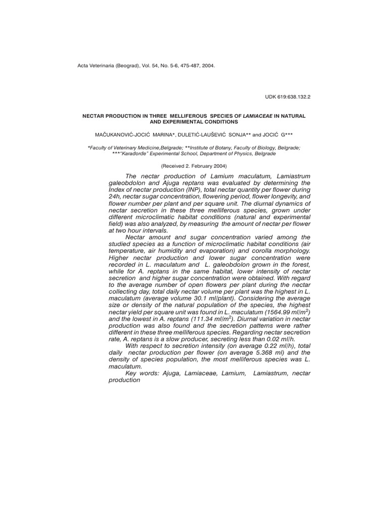 Nectar Production in Three Melliferous Species of Lamiaceae in Natural ...