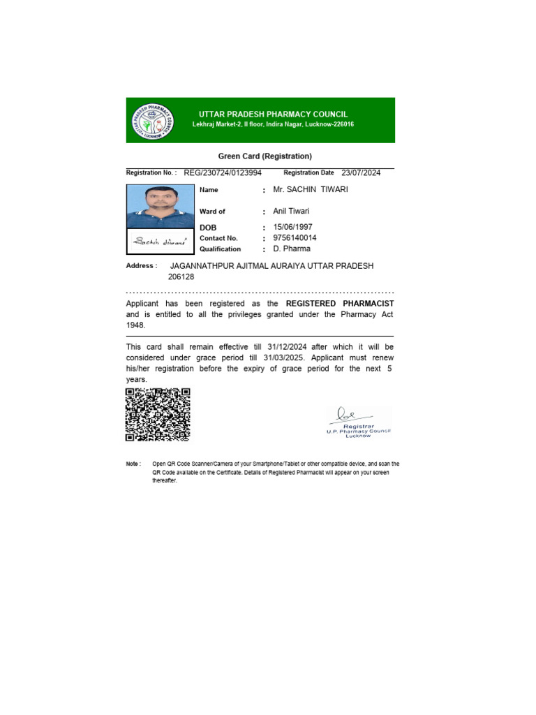 Pharmacy Registration Green Card Details | PDF