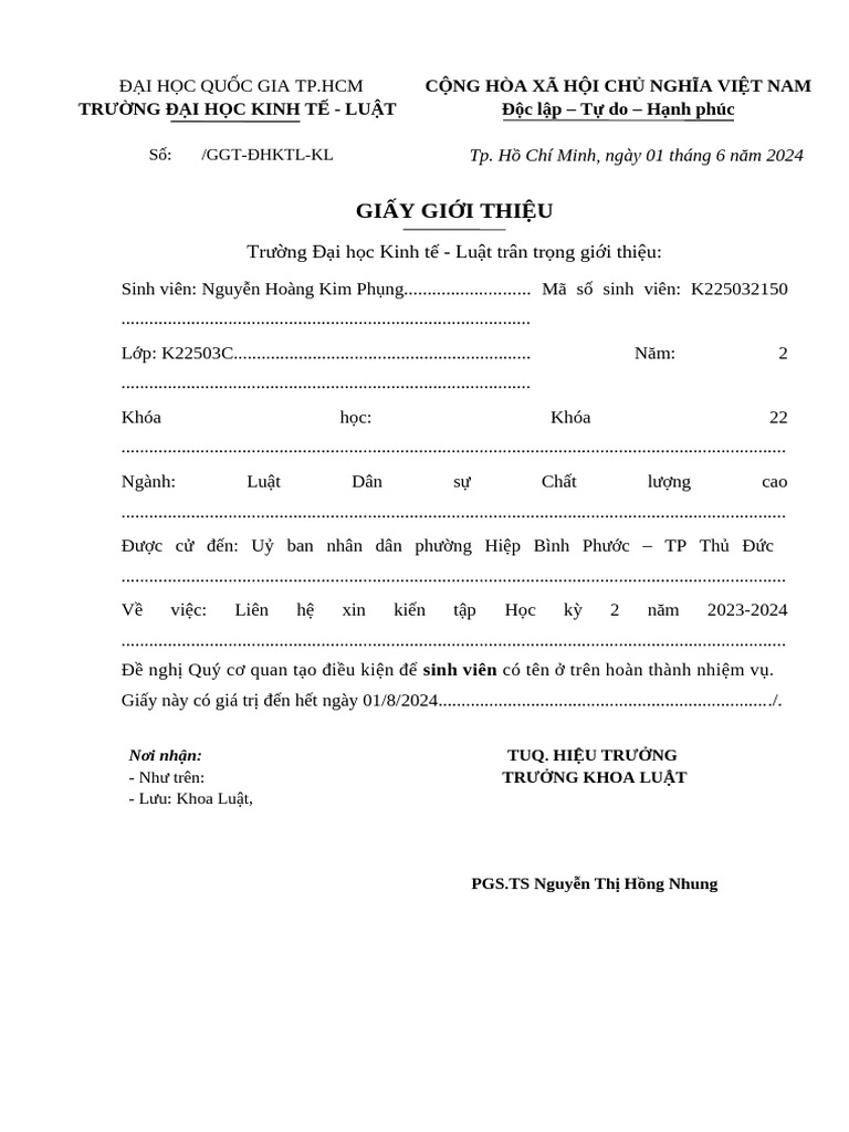 Khoa Lu T Giay Gioi Thieu Sinh Vien Thuc Tap Kien Tap | PDF