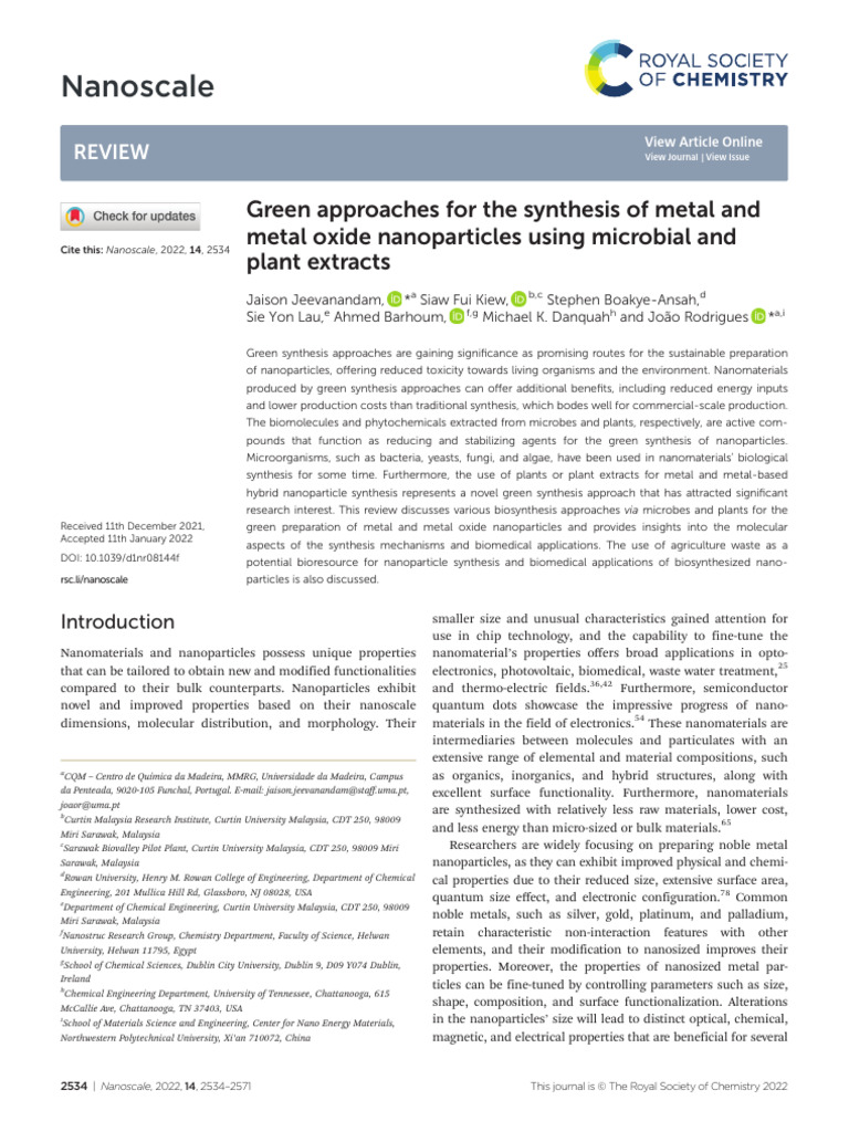 Green Approaches For The Synthesis of Metal and | PDF | Nanoparticle | Nanomaterials