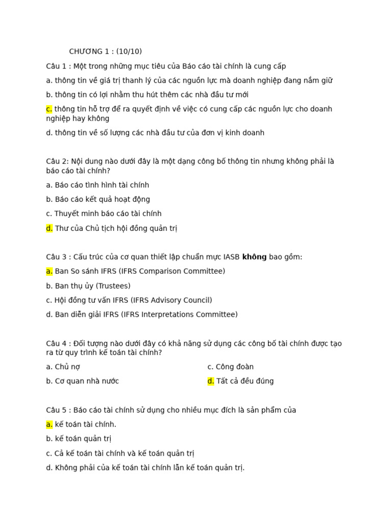 Ans KTTC Chương 1 Và 2 | PDF