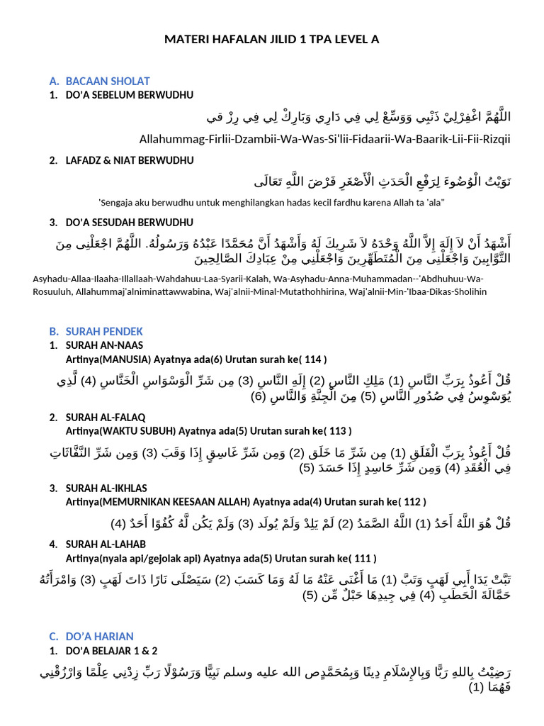 MATERI HAFALAN JILID 1 TPA LEVEL A Revisi | PDF