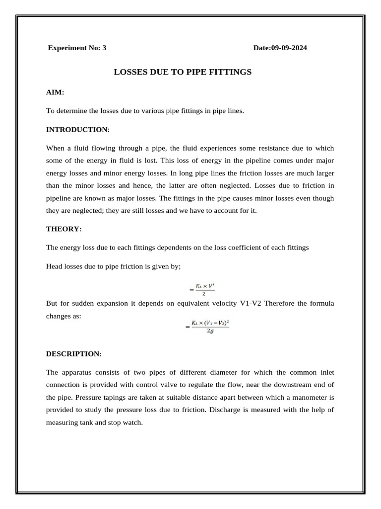 Losses Due To Pipe Fittings | PDF | Valve | Friction