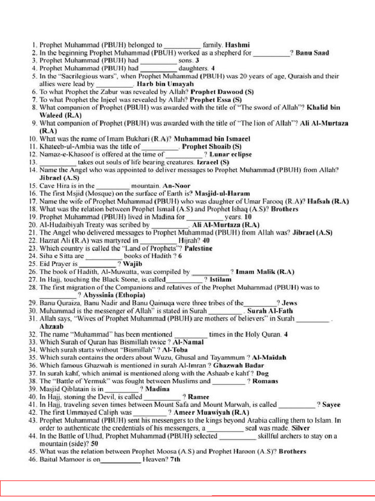 Islamiat One Liner MCQs | PDF | Foreign Language Studies