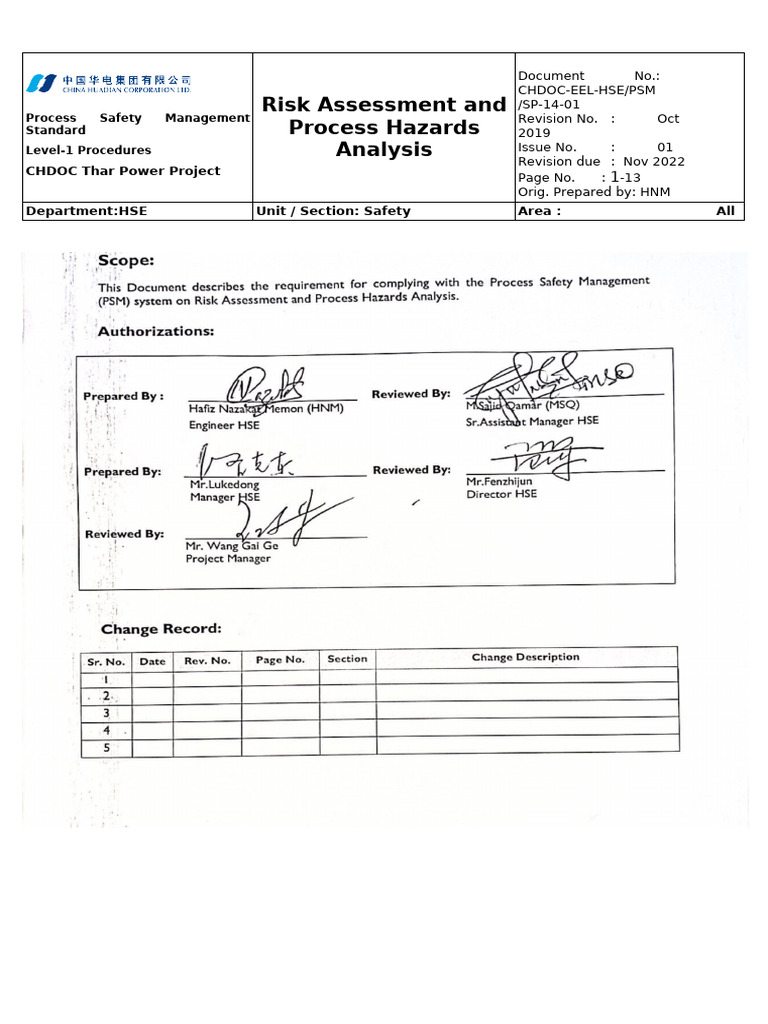 PSM 14 - Risk Assessment and Process Hazards Analysis (Level 1 Document ...