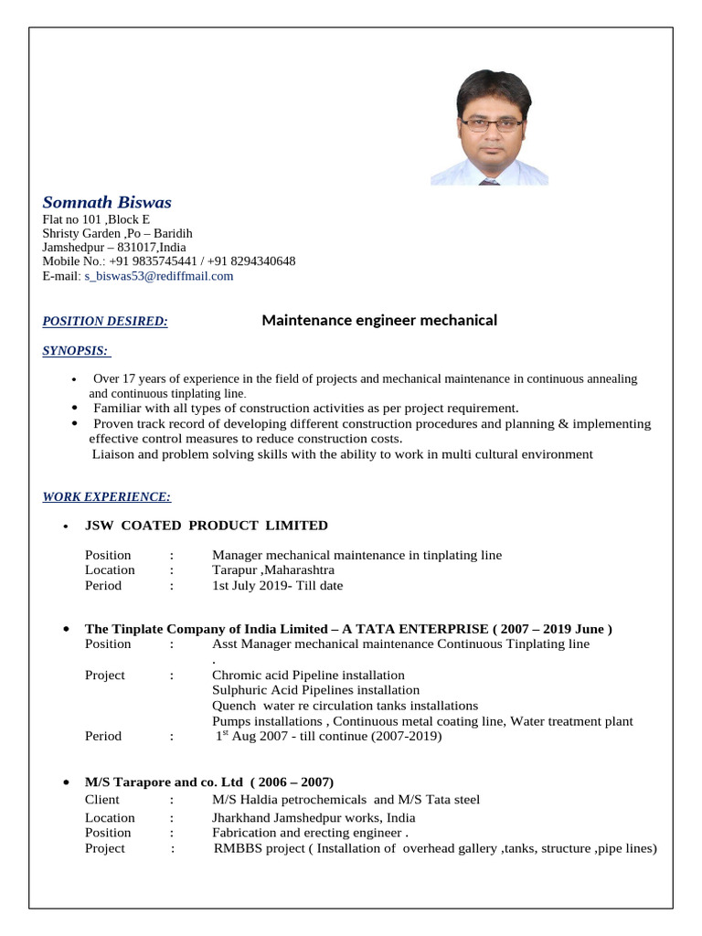 CV Somnath Biswas | PDF | Pump | Pipe (Fluid Conveyance)