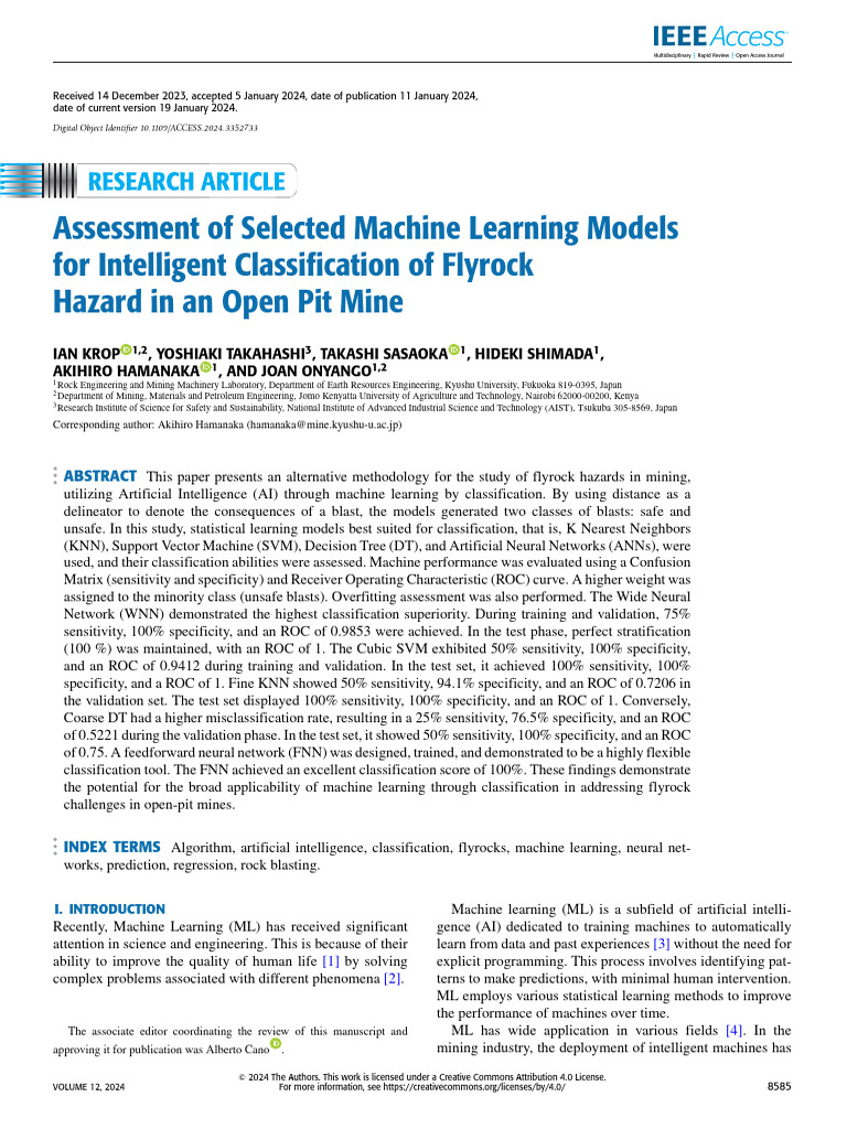 Assessment of Selected Machine Learning Models For Intelligent Classification of Flyrock Hazard ...
