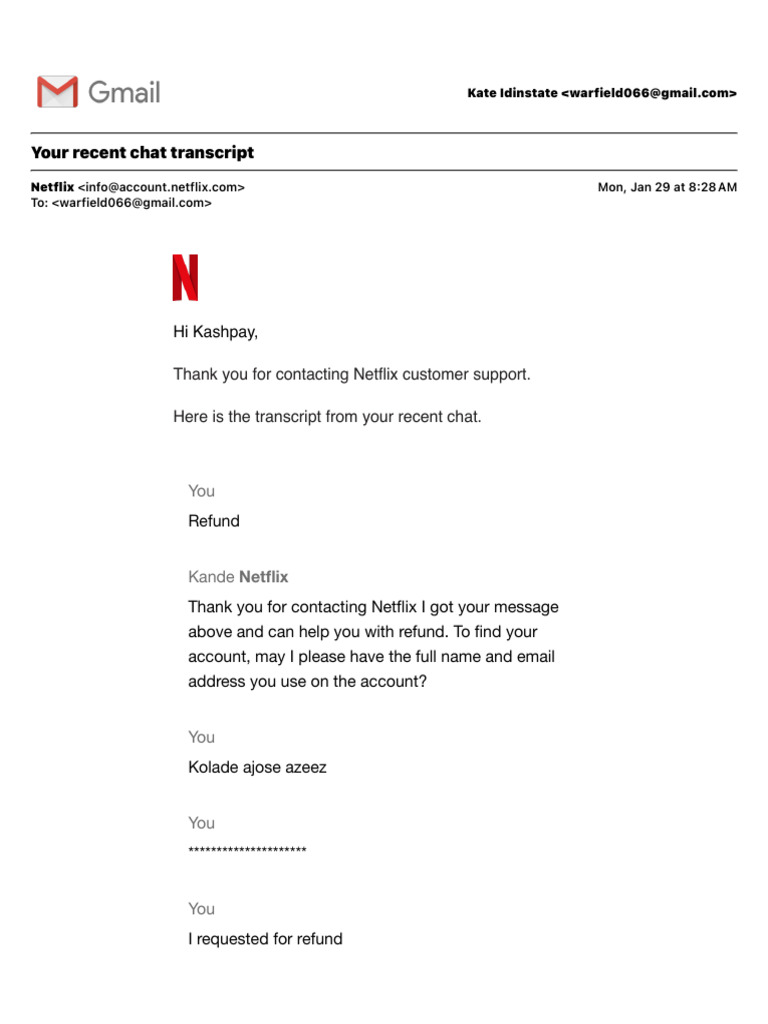Netflix Refund Chat Transcript | PDF | Payments