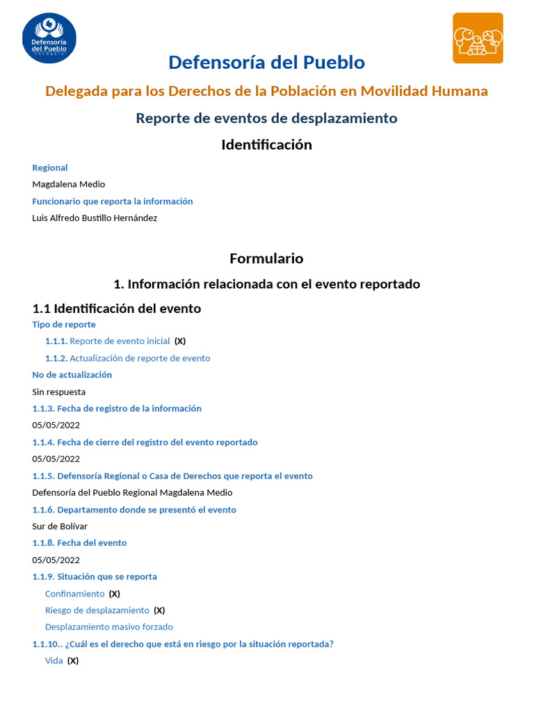 Reporte de Eventos de Desplazamiento San Pablo - Bolivarrr | PDF | Colombia