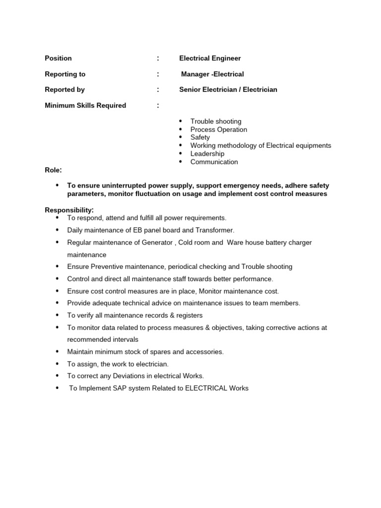 Electrical Engineer Job Description | PDF | Science & Mathematics ...