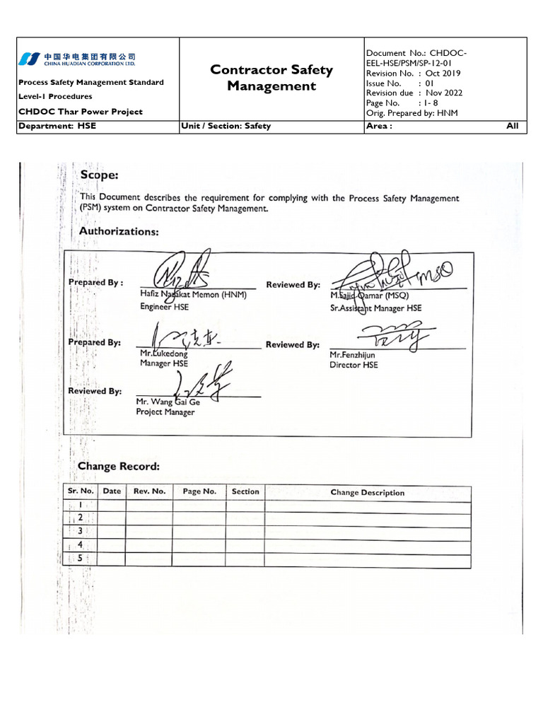 PSM 12 - Contractor Safety Management (Level 1 Document) | PDF ...