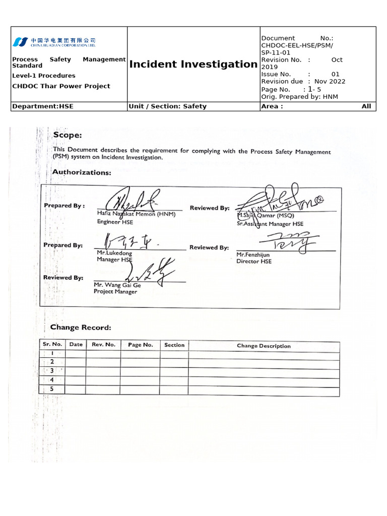 PSM 11 - Incident Investigation (Level 1 Document) | PDF | Business