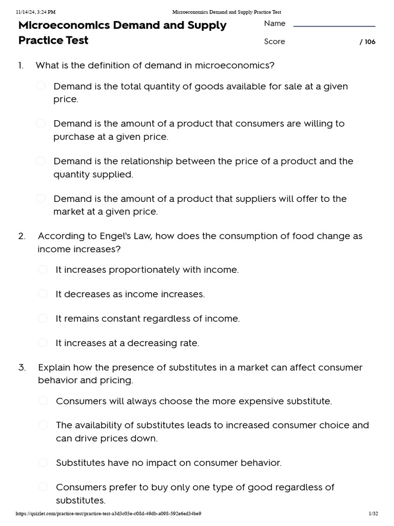 Microeconomics Demand and Supply Practice Test | PDF | Demand ...