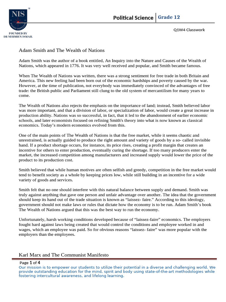 Adam Smith and The Wealth of Nations: Political Science | PDF | The ...