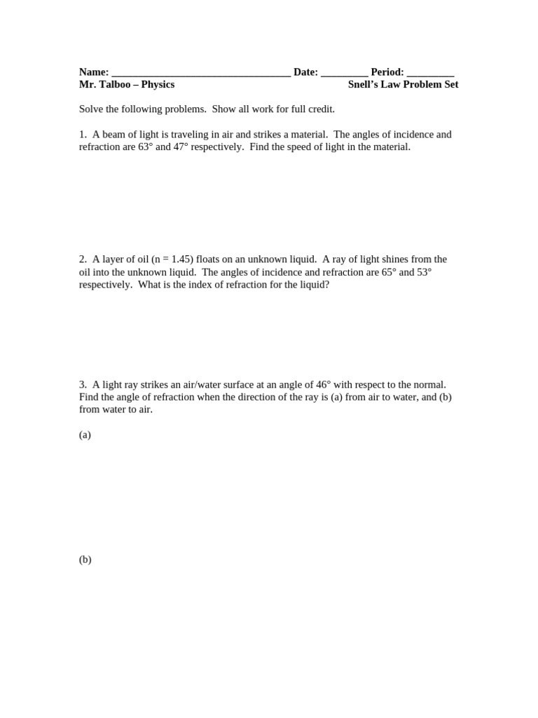 Practice Problems - Snells Law | PDF | Science & Mathematics