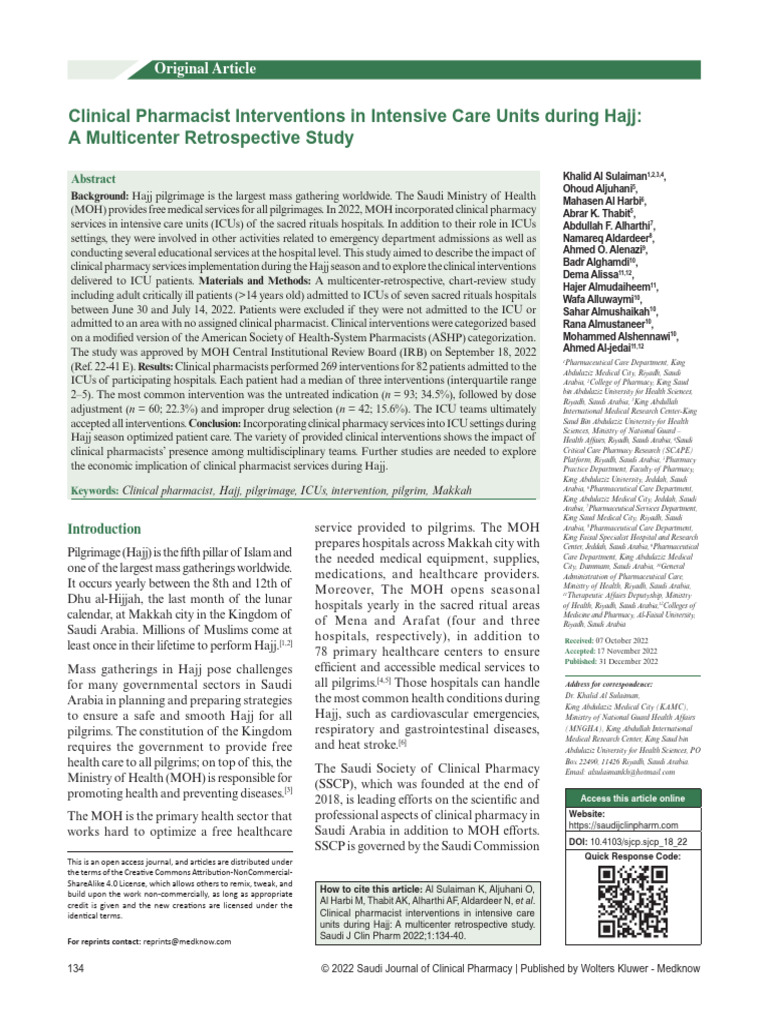 Clinical Pharmacist Interventions in Intensive Care Units During Hajj ...