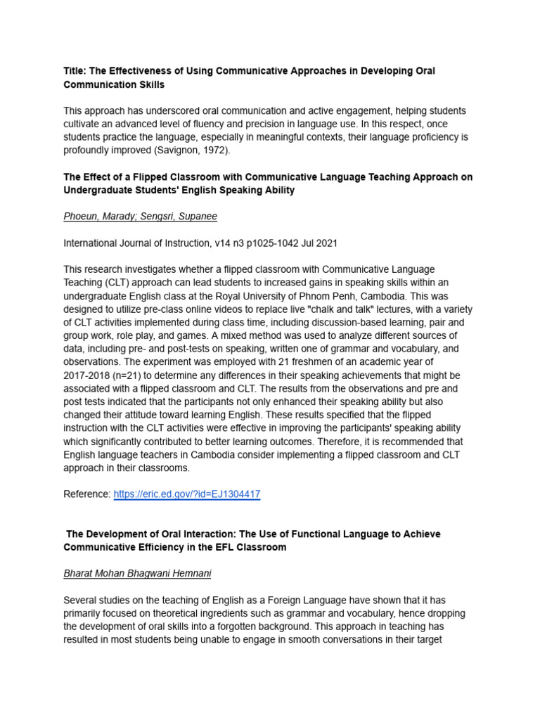 The Effectiveness of Using Communicative Approaches in Developing Oral ...