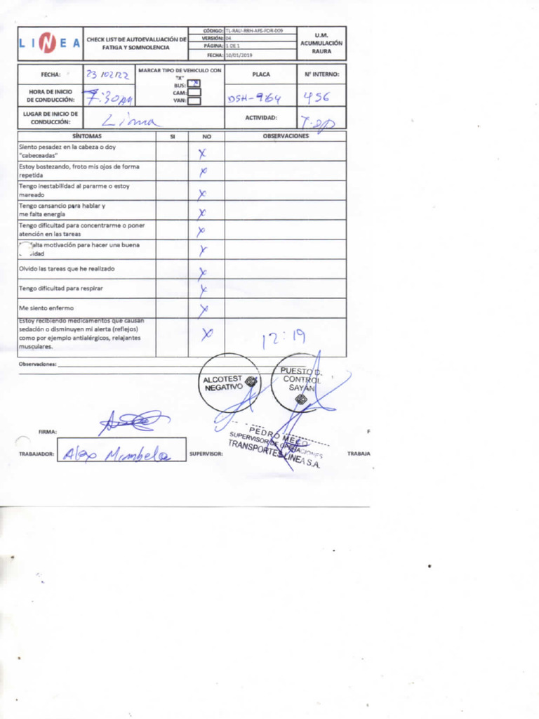 Checkliste de Autoevaluacion de Fatiga y Somnolencia - Febrero | PDF