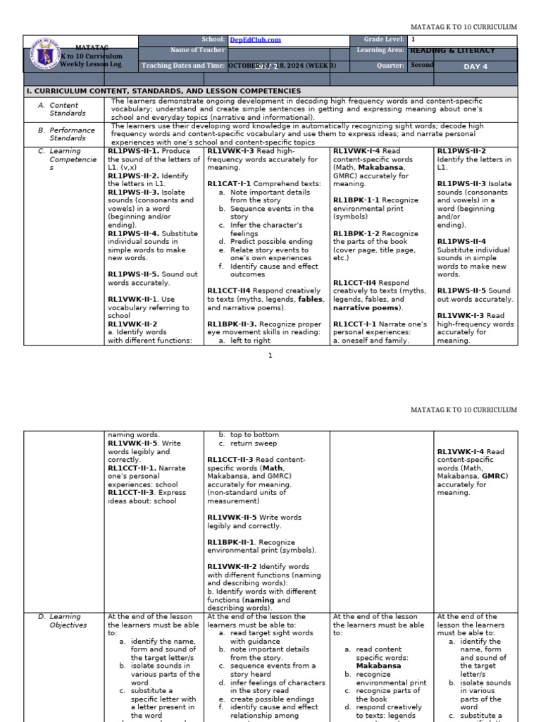 DLL Matatag - Reading&literacy 1 - Q2 - W3 | PDF
