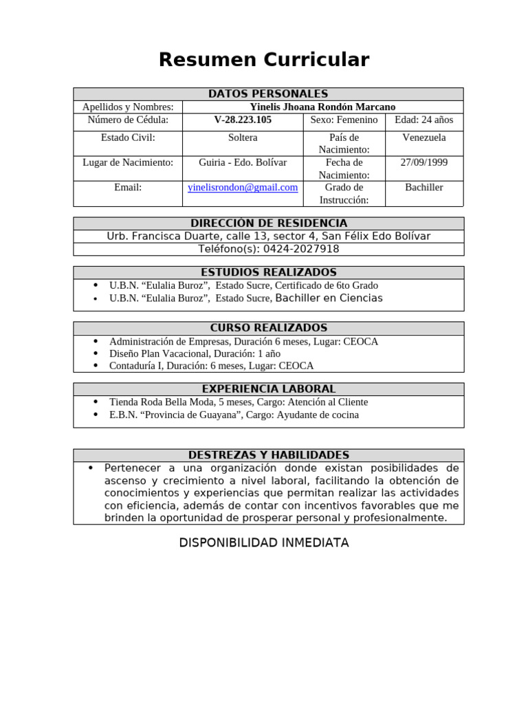 Curriculum Yinelis | PDF
