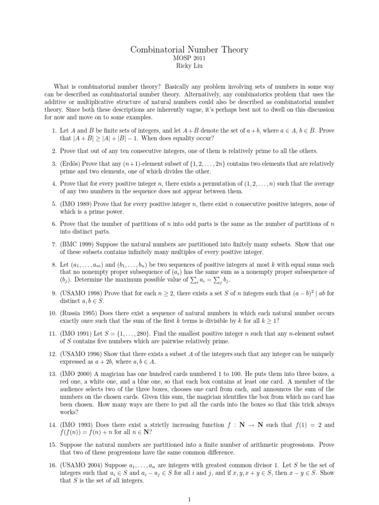 Combinatorial Number Theory Ricky Liu Mop 2011 Pdf 5007