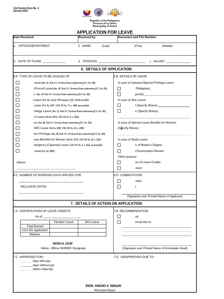 003 Leave Form 2021 CS Form No. 6 Revised 2020 Application For Leave ...