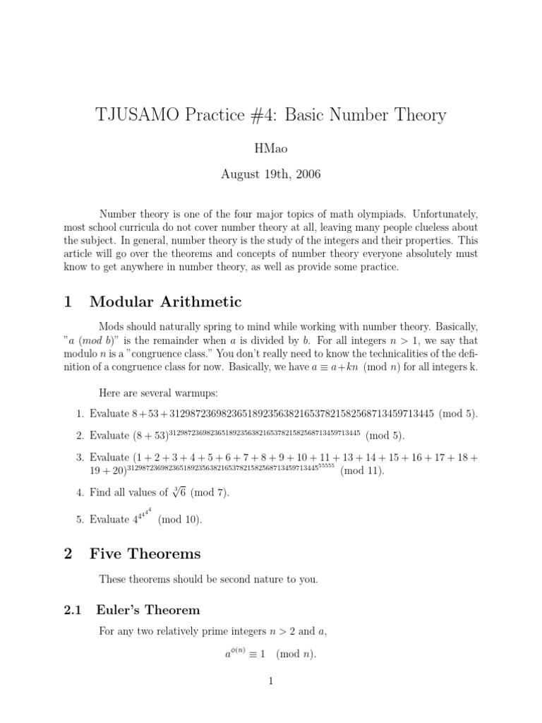 TJUSAMO Practice #4: Basic Number Theory: 1 Modular Arithmetic | PDF | Number Theory | Numbers