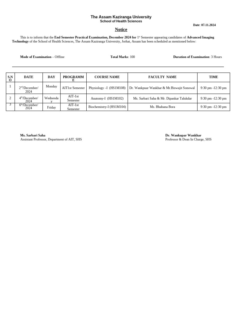 AIT Semester Exam Schedule | PDF | Technology & Engineering